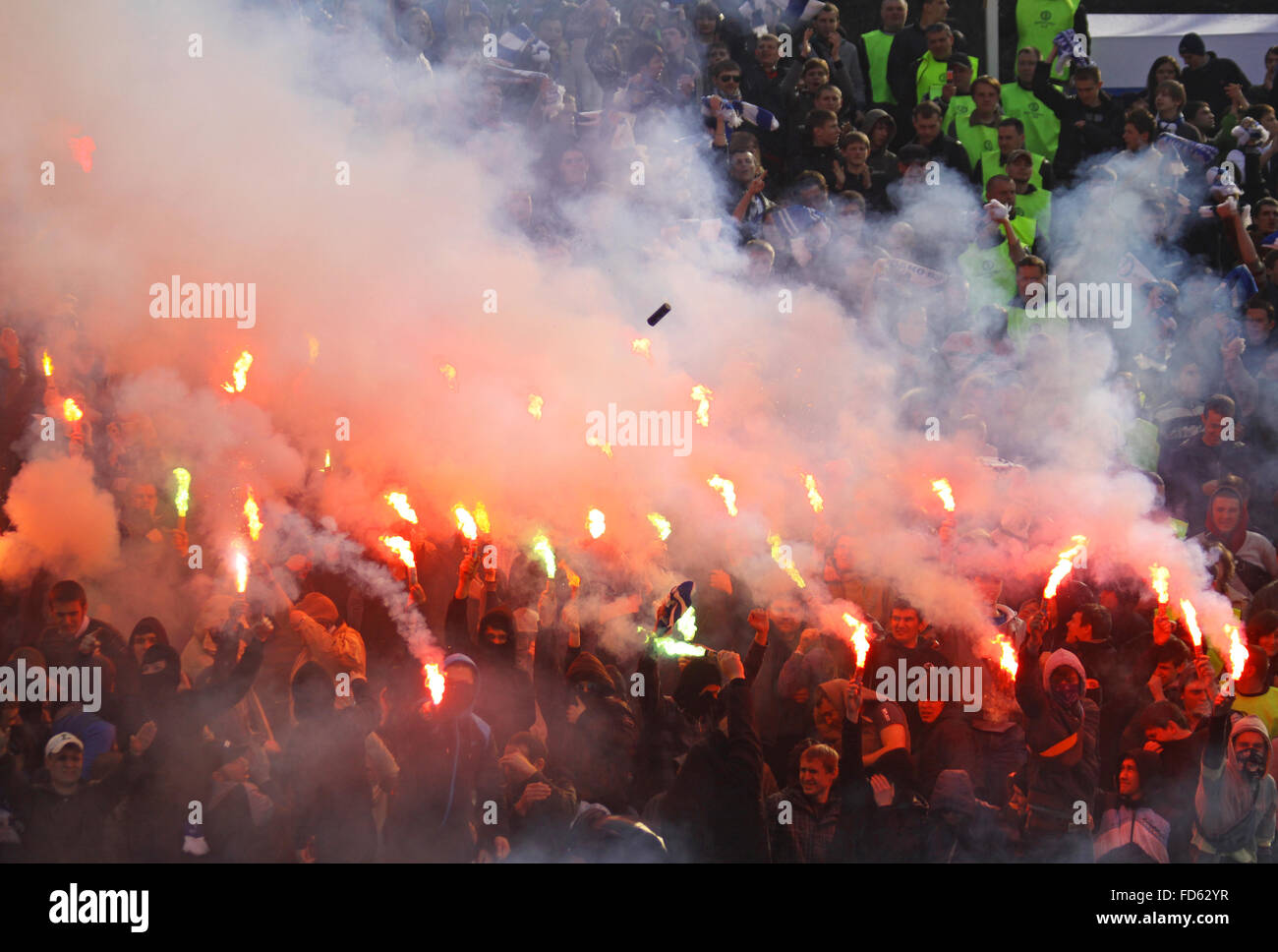 KYIV, UKRAINE - MARCH 28: FC Dynamo Kyiv ultras (ultra supporters) burn ...