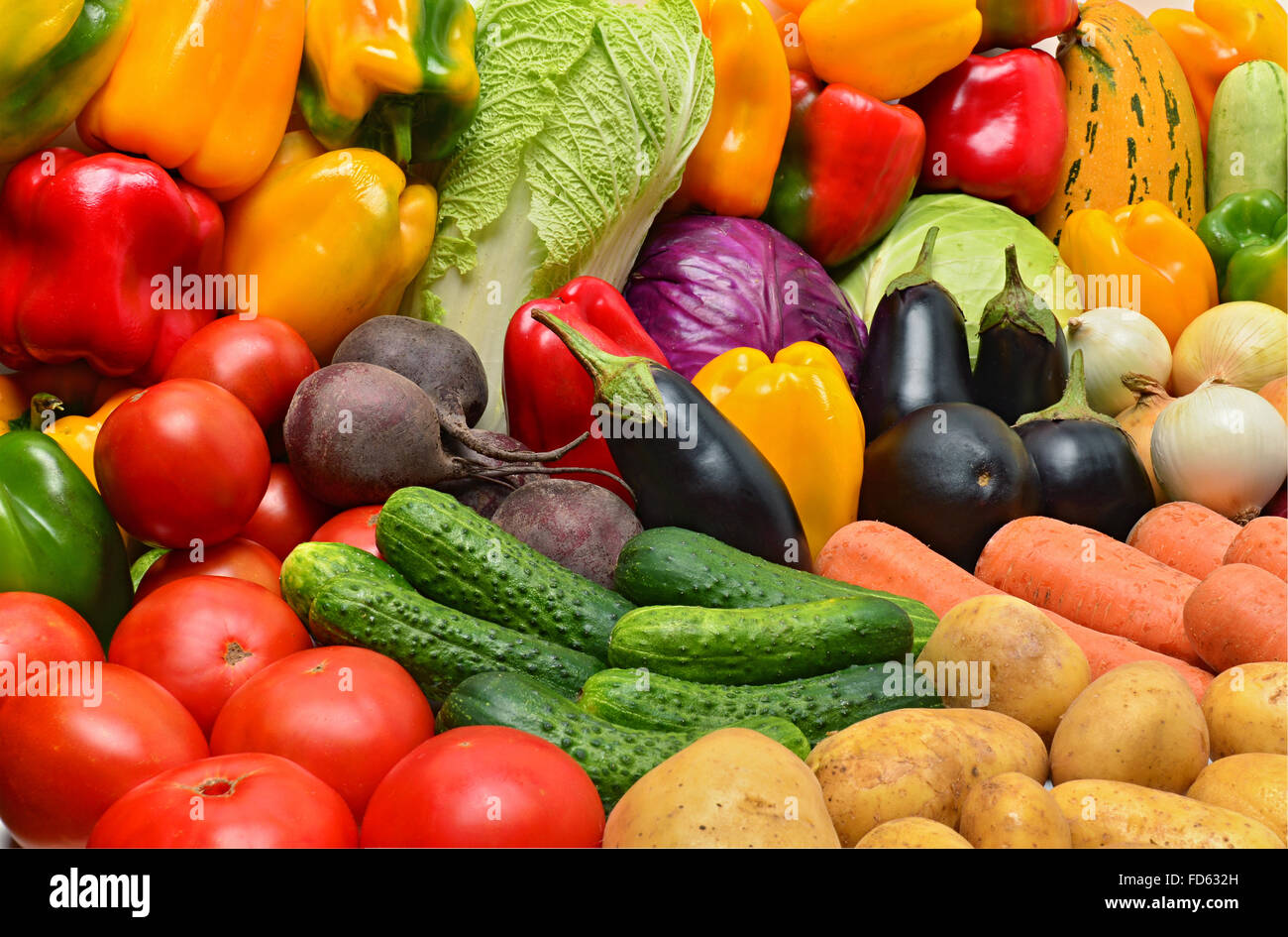 Crop of vegetables. Potatoes, peppers, tomatoes, cucumber, eggplant and ...