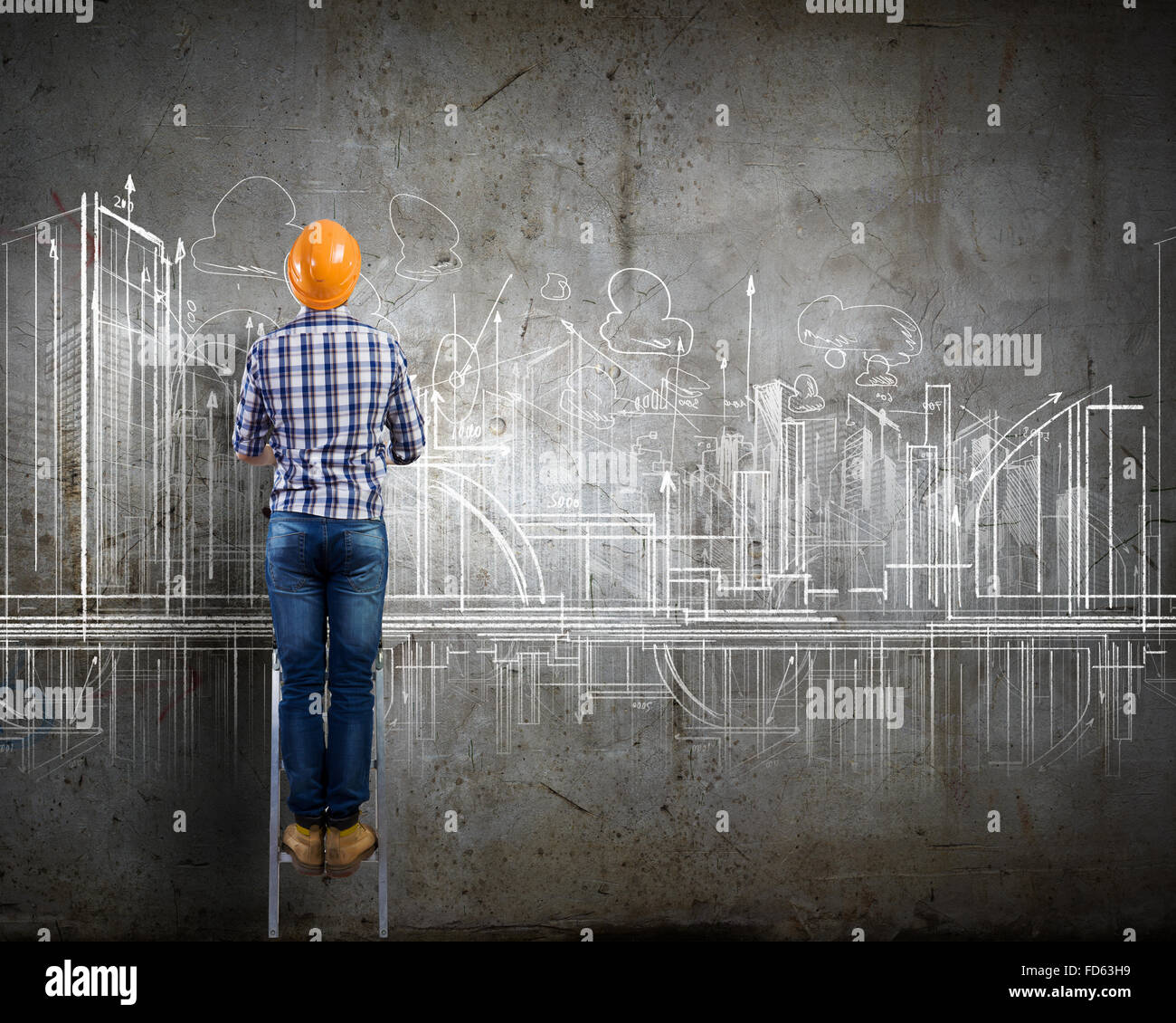 Image of man engineer against building project sketch Stock Photo - Alamy