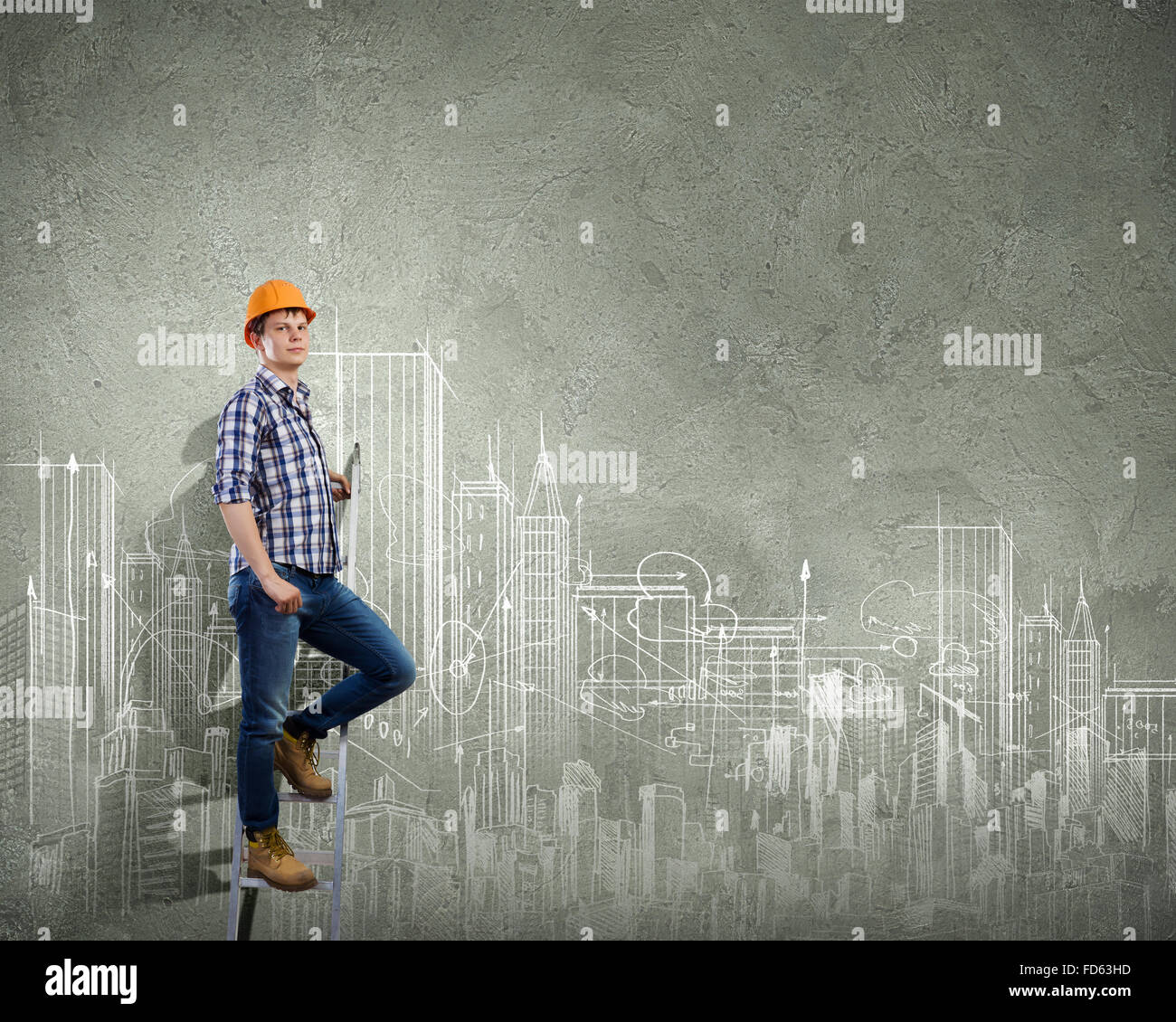 Image of man engineer against building project sketch Stock Photo - Alamy