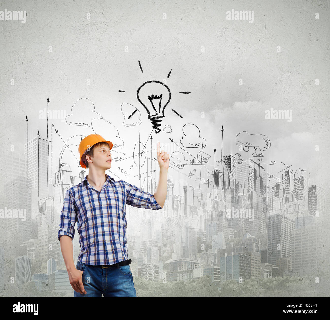 Image of man engineer against building project sketch. Idea concept ...