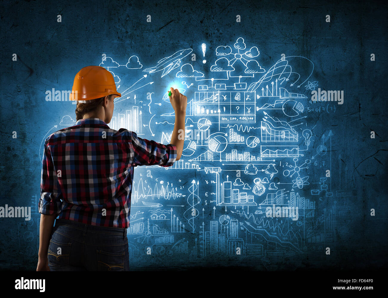 Back view of woman engineer drawing project sketch Stock Photo - Alamy