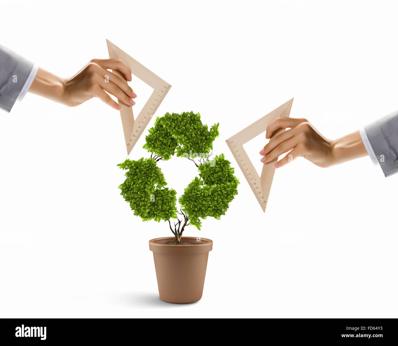 Plant in shape of recycle symbol and human hand holding ruler Stock ...
