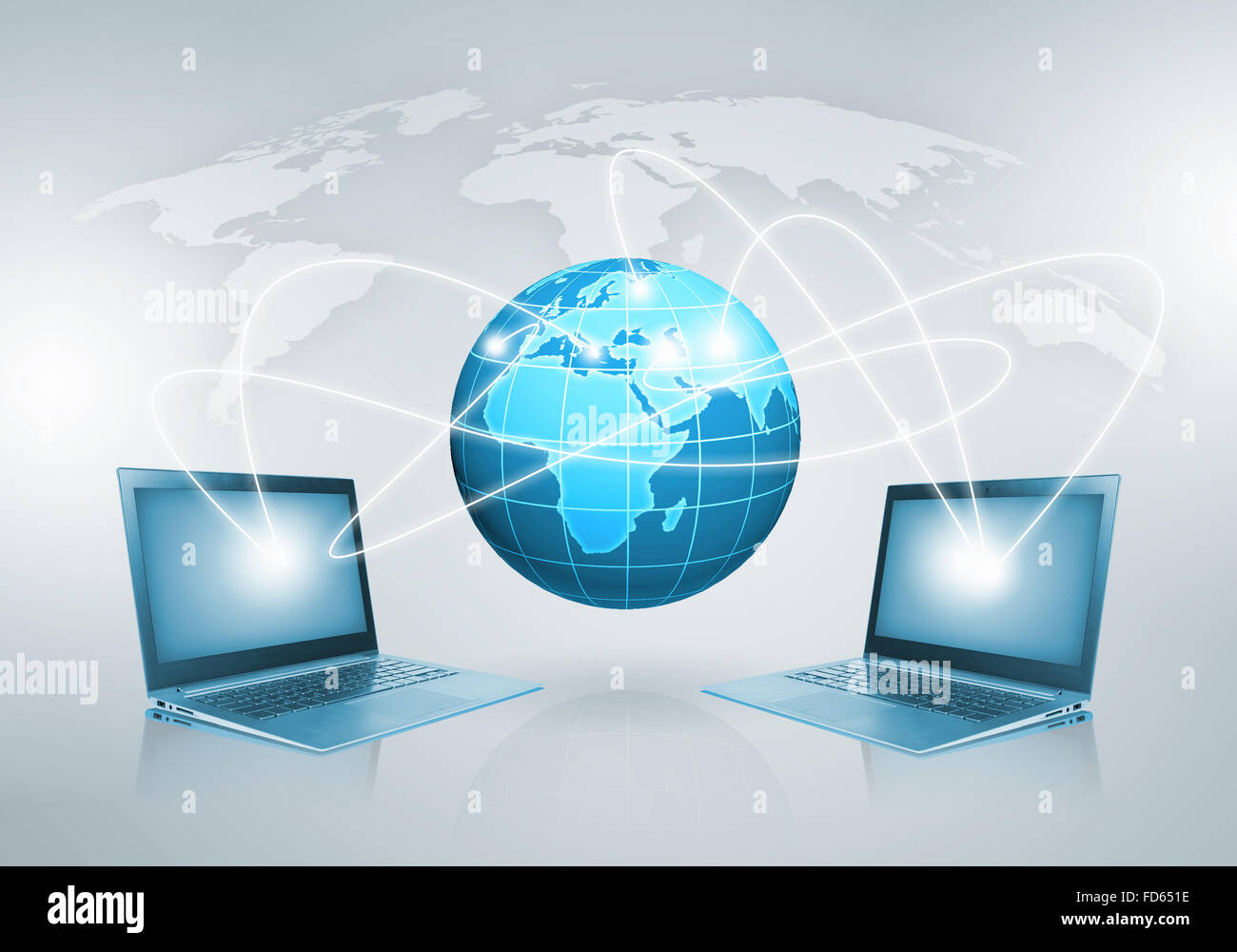 Image of laptop with globe illustration at background Stock Photo - Alamy