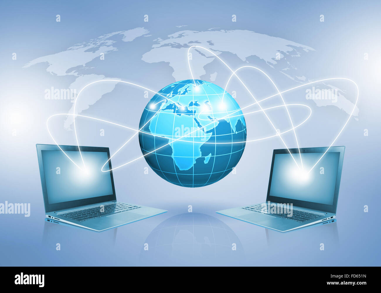 Image of laptop with globe illustration at background Stock Photo - Alamy