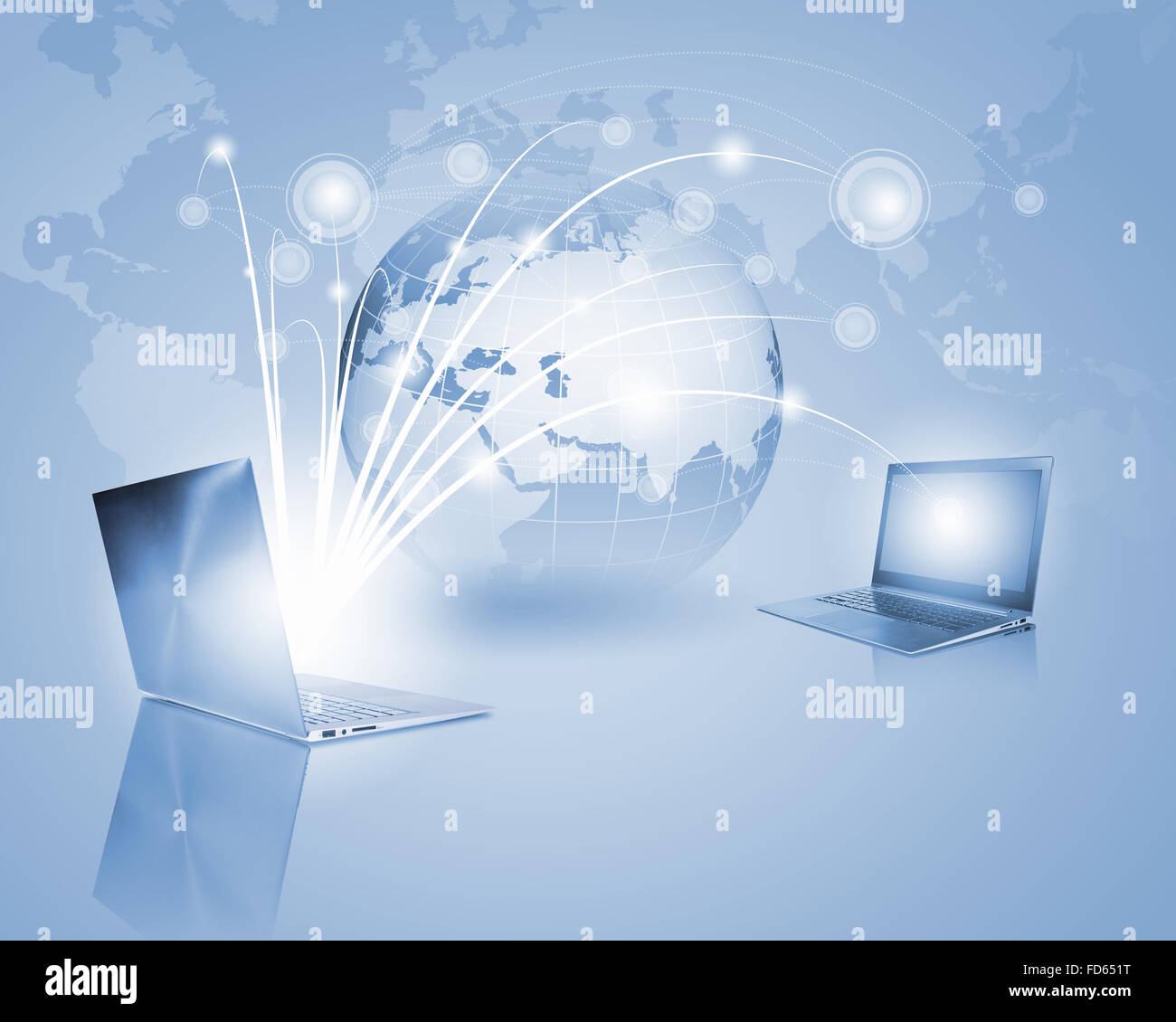 Image of laptop with globe illustration at background Stock Photo - Alamy