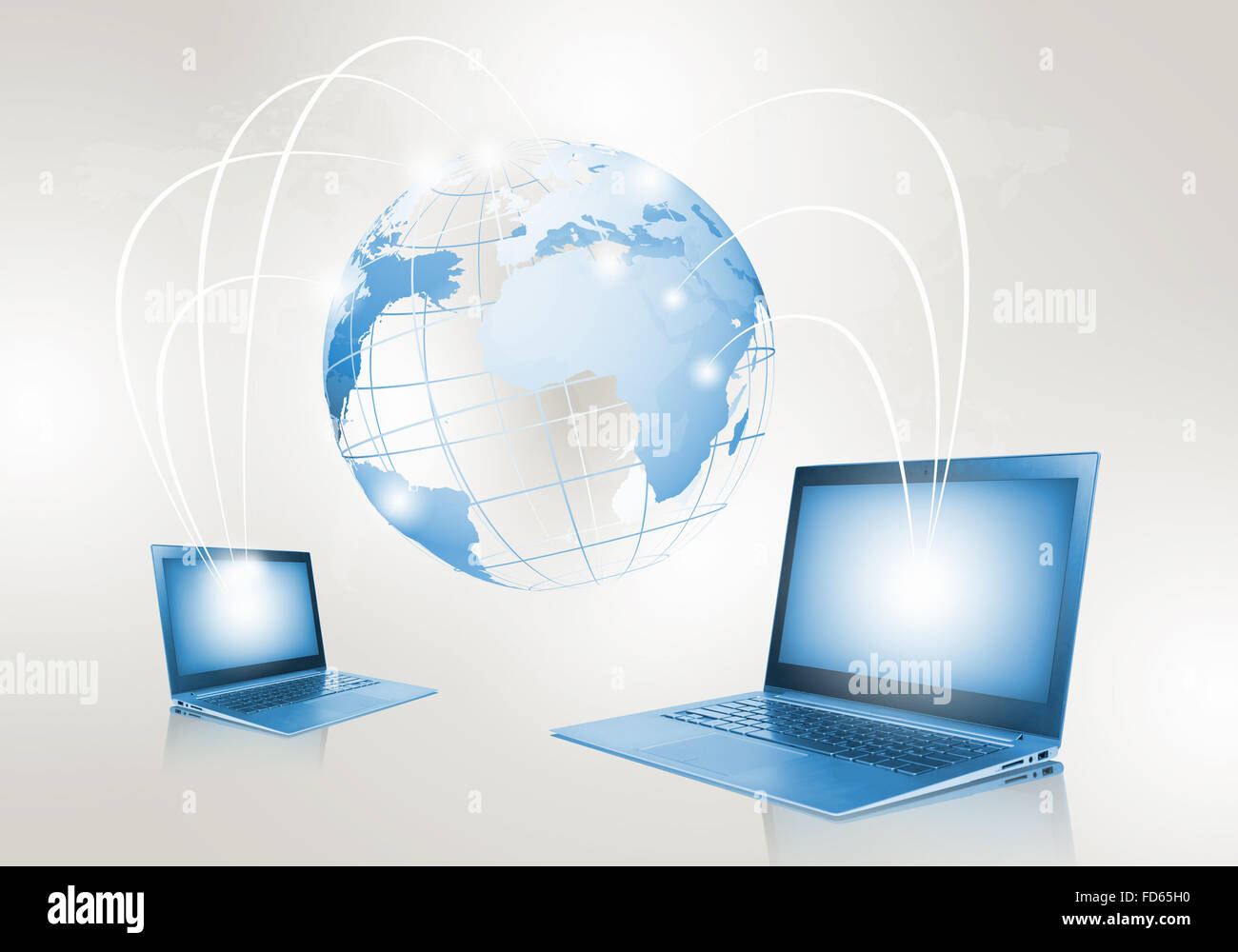 Image of laptop with globe illustration at background Stock Photo - Alamy