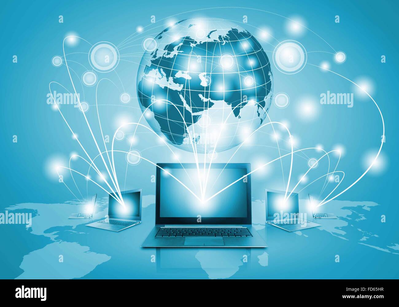 Image of laptop with globe illustration at background Stock Photo - Alamy