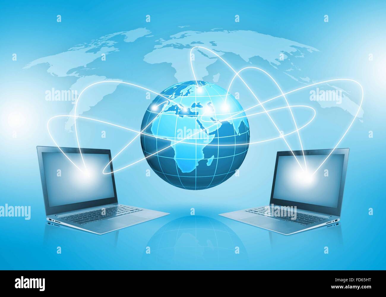 Image of laptop with globe illustration at background Stock Photo - Alamy
