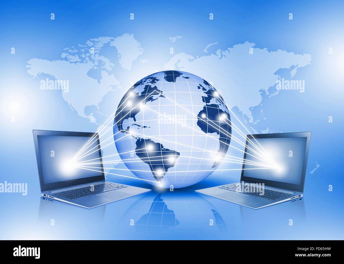 Image of laptop with globe illustration at background Stock Photo - Alamy