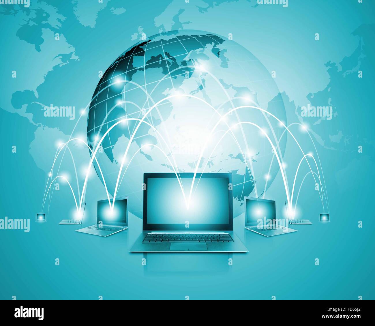 Image of laptop with globe illustration at background Stock Photo - Alamy