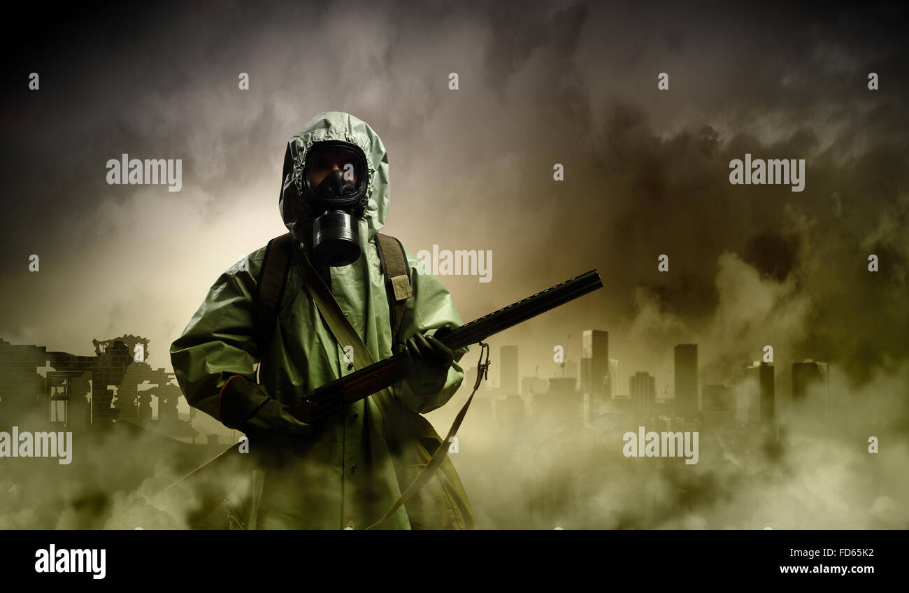 Image of stalker with gun. Ecology catastrophe Stock Photo - Alamy