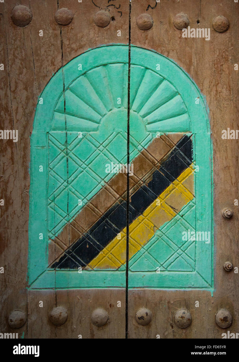 detail of an old painted wooden door, Qeshm Island, Laft, Iran Stock ...