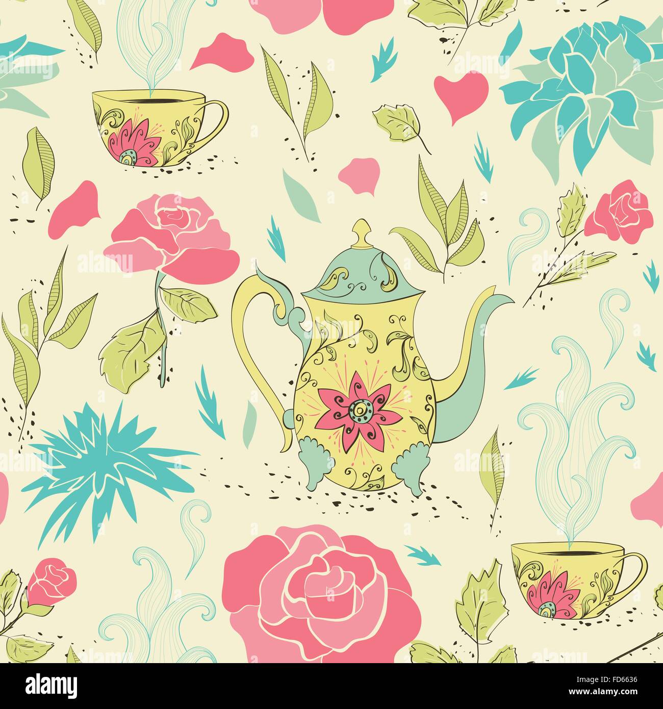 Seamless pattern with hand drawn tea mug and teapot with floral pattern ...