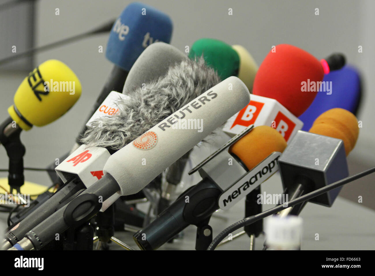 Microphones on a table during press-conference Stock Photo - Alamy