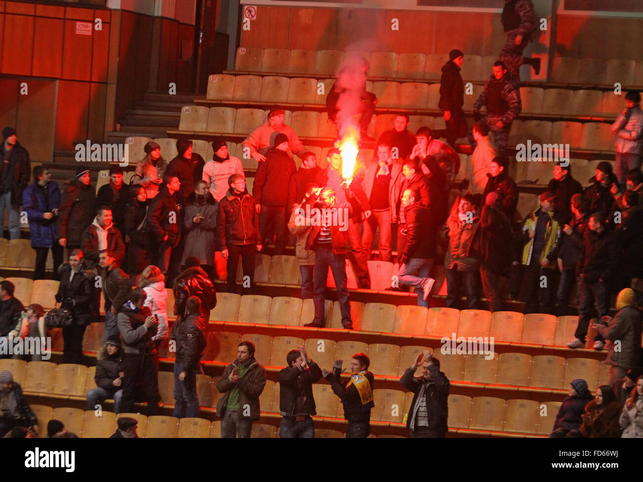 Ukrainian ice-hockey fans burn flares and celebrate their victory Stock ...