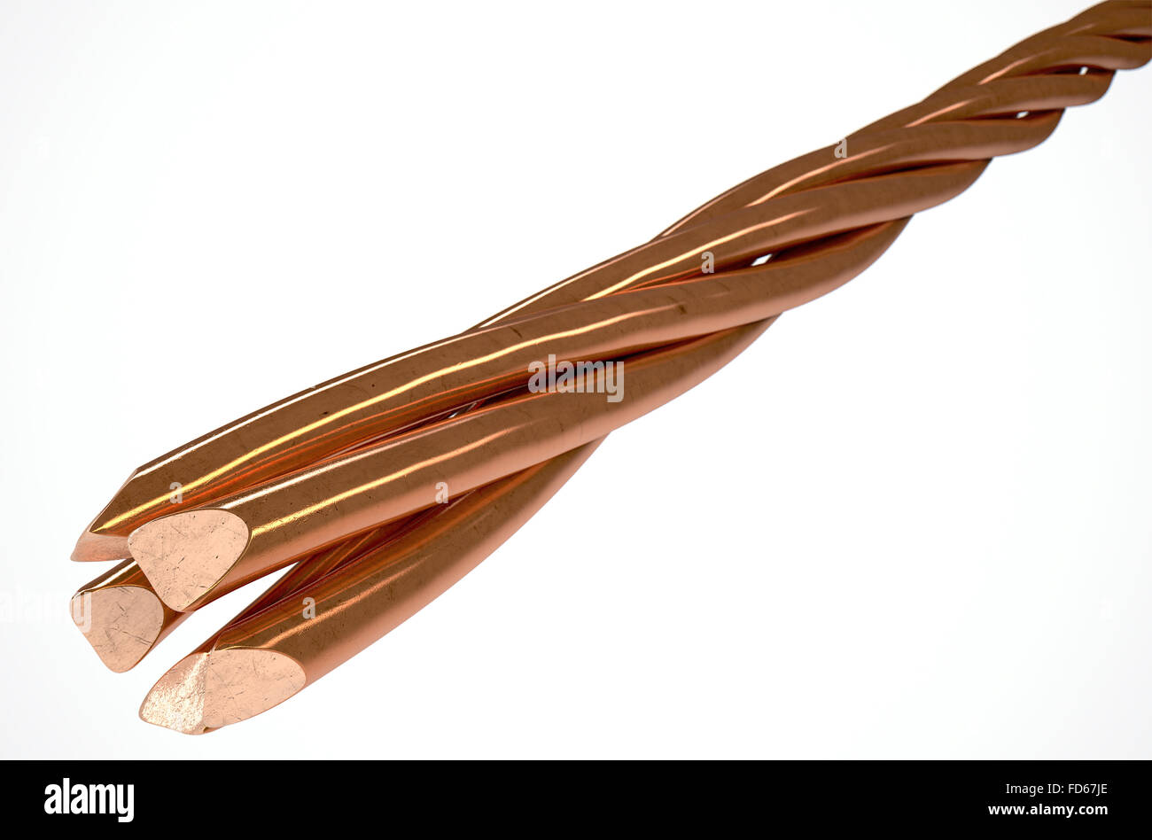 A cable made up of twisted strands of copper wire on an isolated white ...