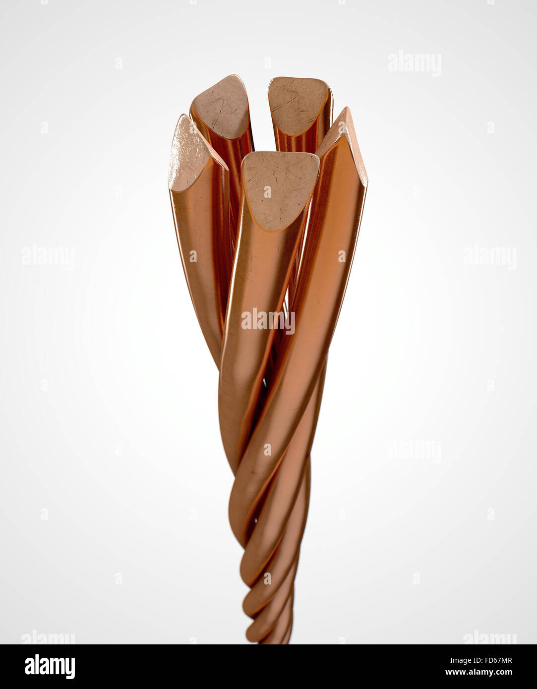 A cable made up of twisted strands of copper wire on an isolated white ...