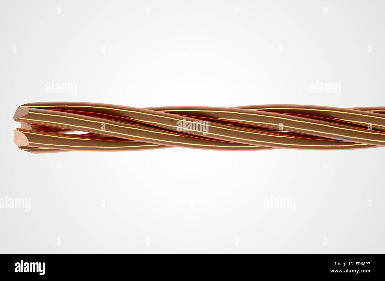 A cable made up of twisted strands of copper wire on an isolated white ...