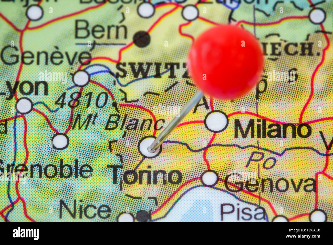 Close-up of a red pushpin in a map of Torino (Turin), Italy Stock Photo ...