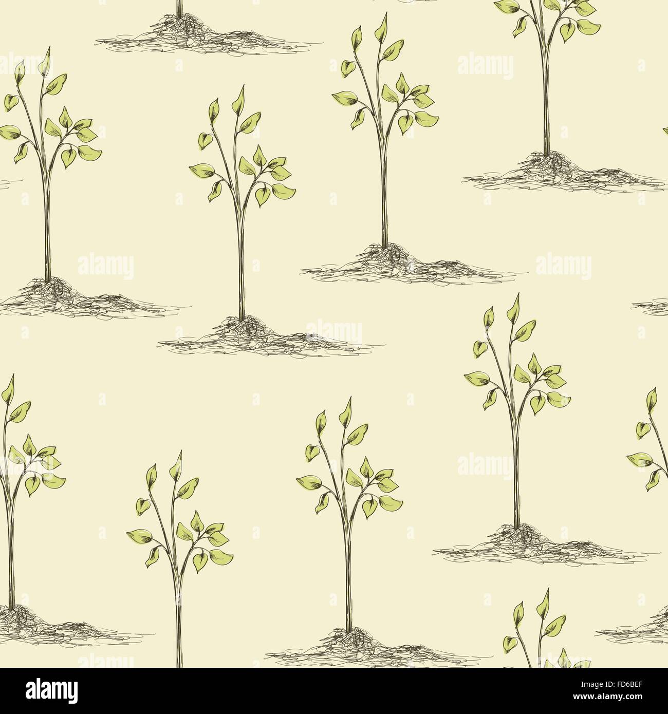 Spring gardening time seamless pattern. Hand drawn tree planting ...