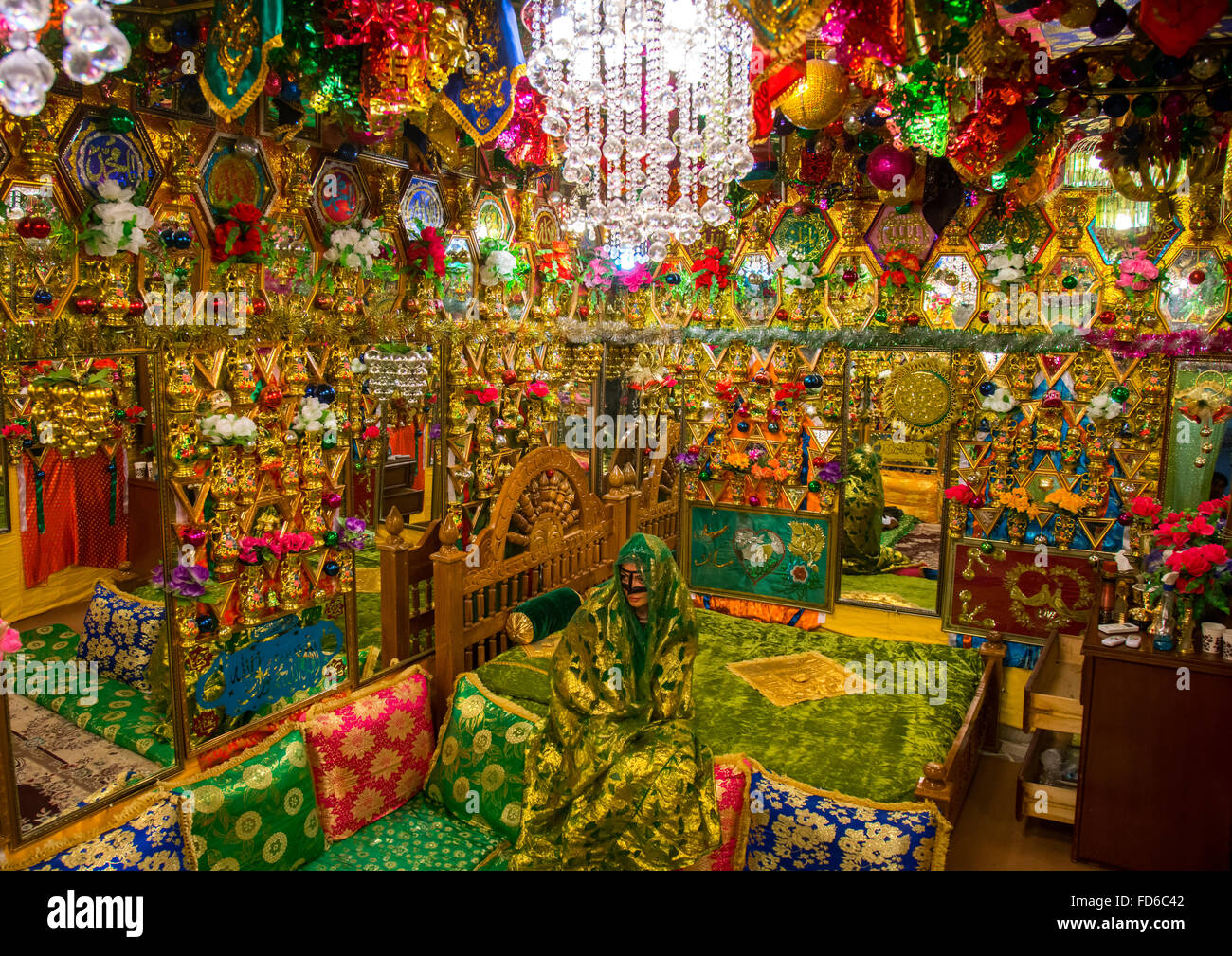 bride in the decorated room for traditional wedding, Hormozgan, Bandar ...