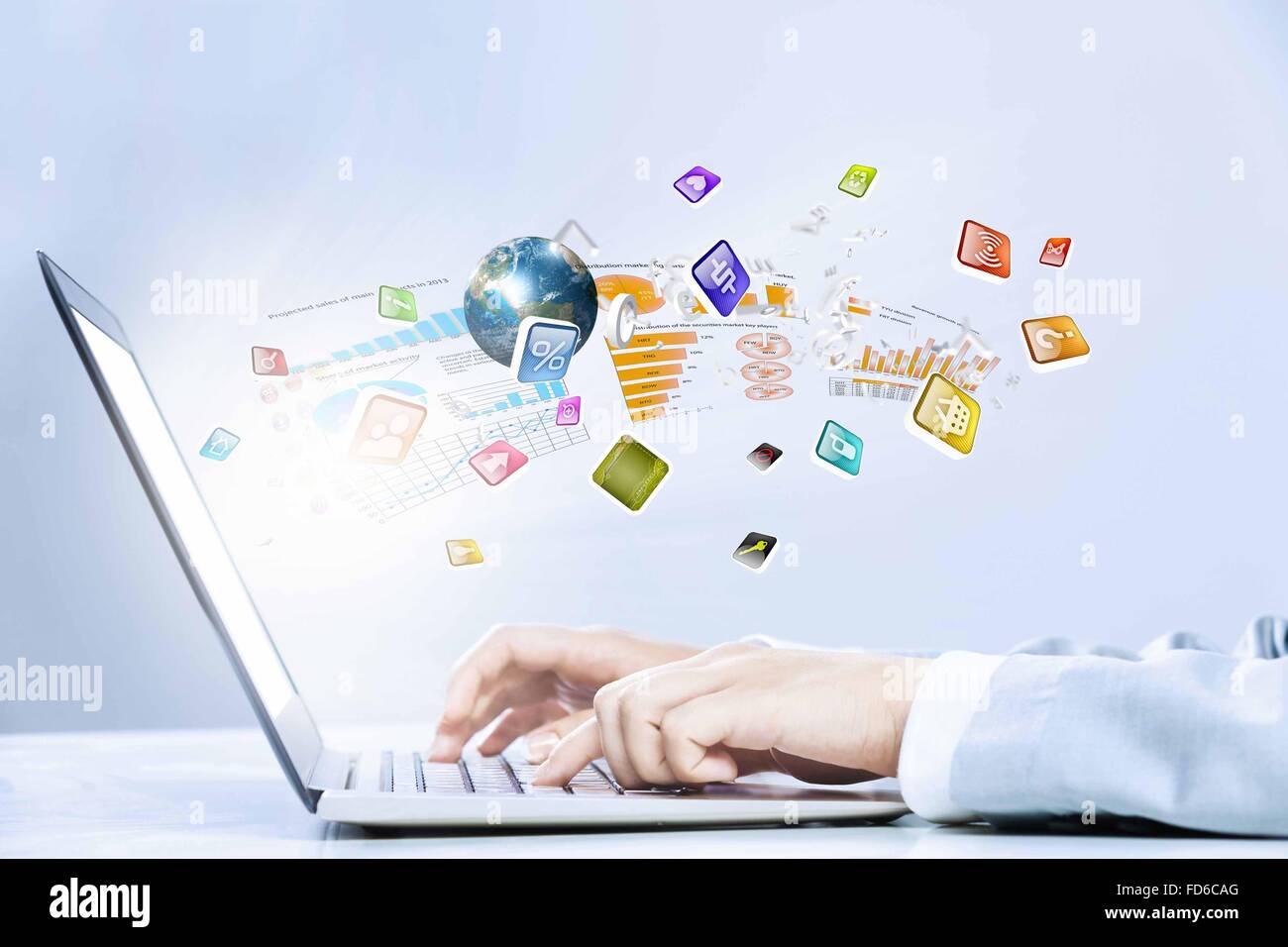 Close up image of laptop and human hands typing on keyboard. Elements ...