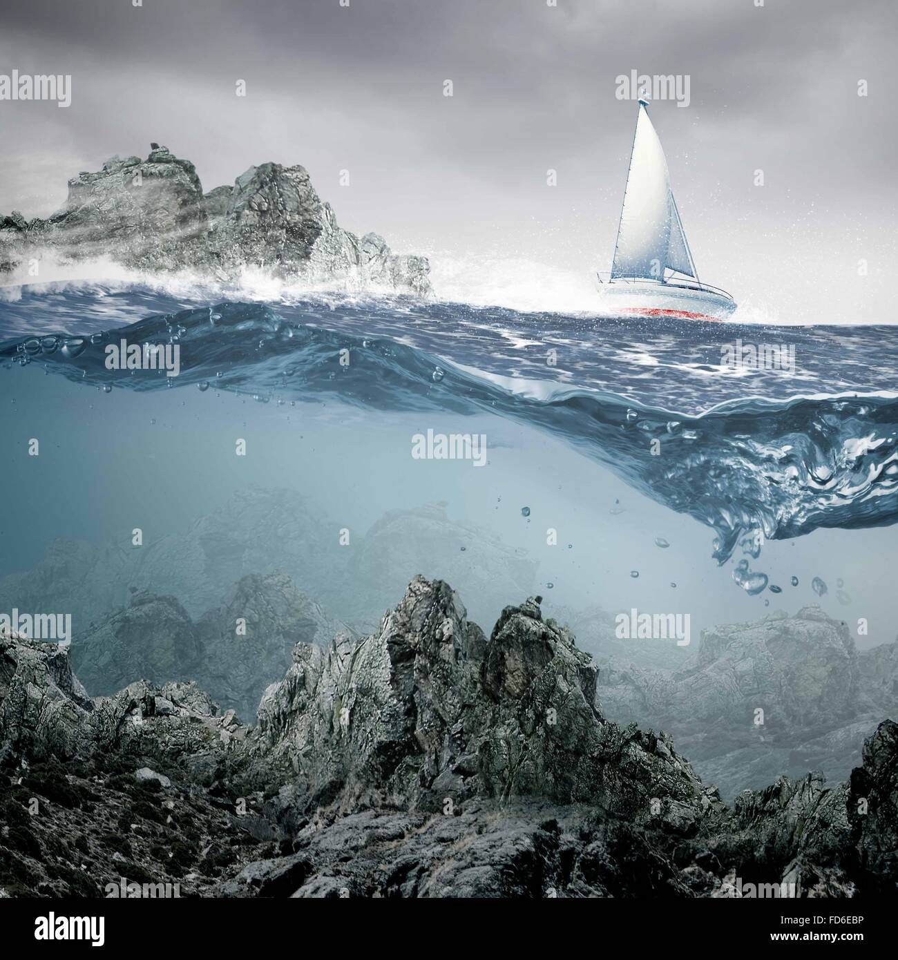 Submerged ocean view with yacht floating above Stock Photo - Alamy