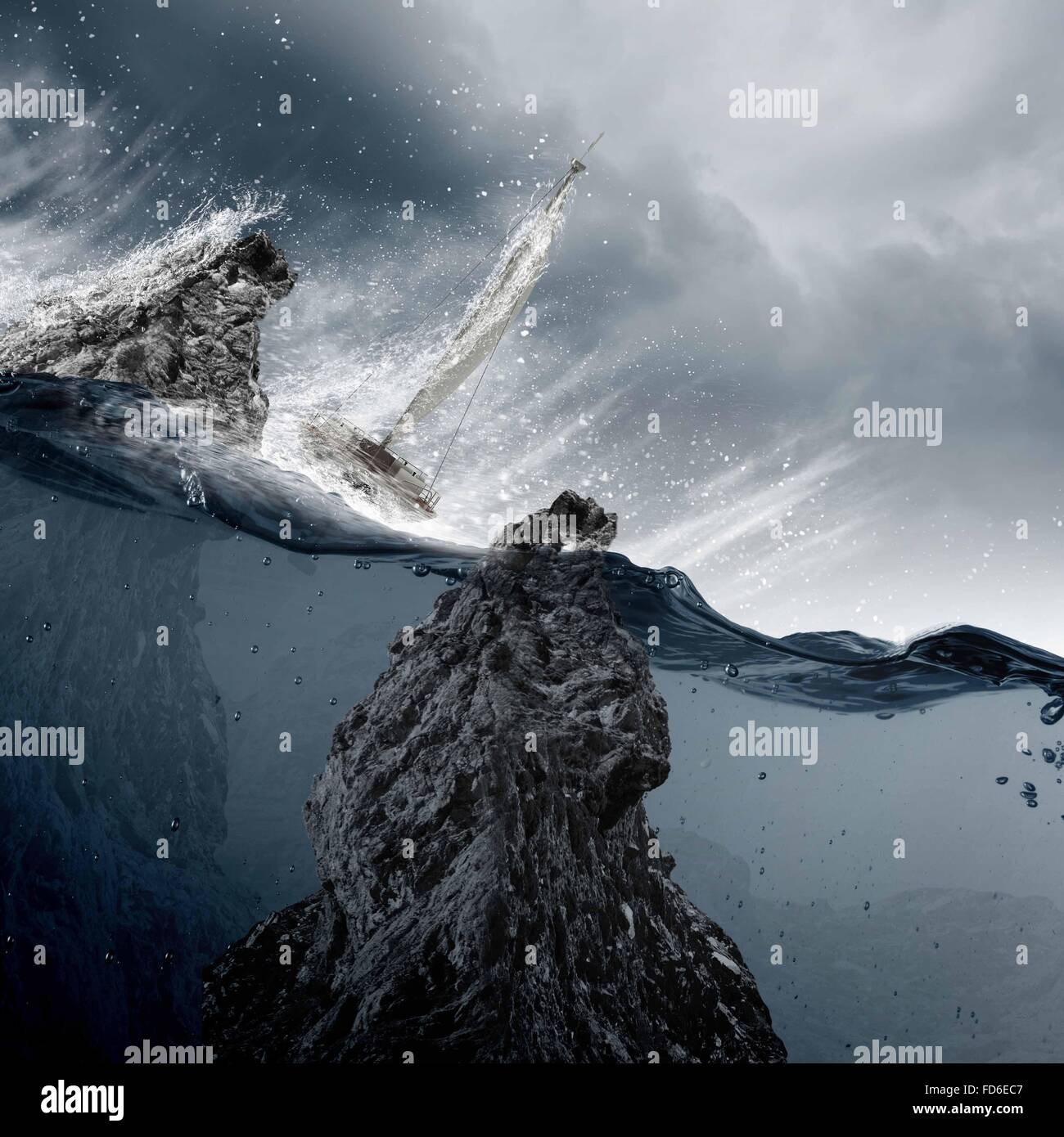 Submerged ocean view with yacht floating above Stock Photo - Alamy