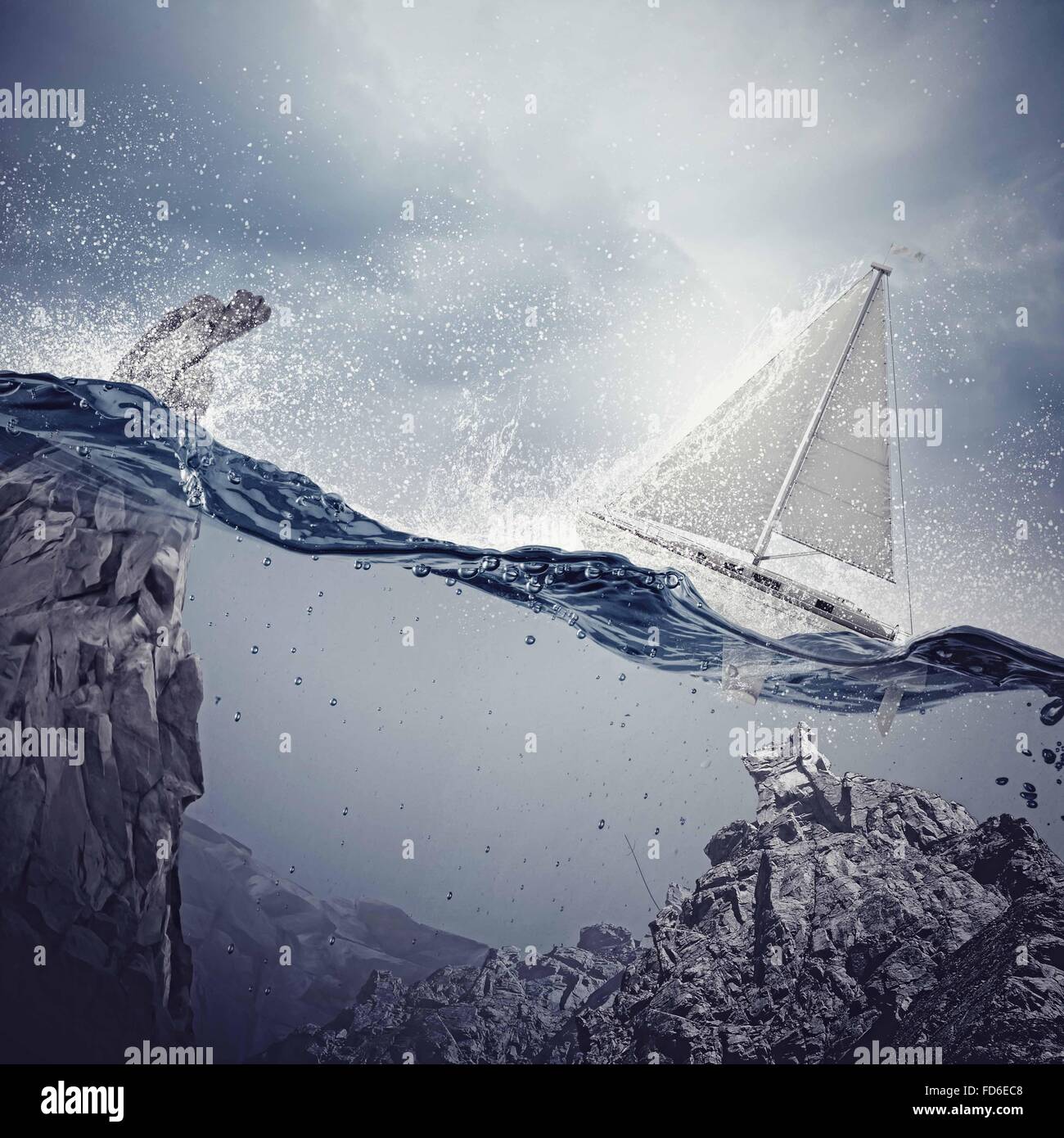 Submerged ocean view with yacht floating above Stock Photo - Alamy