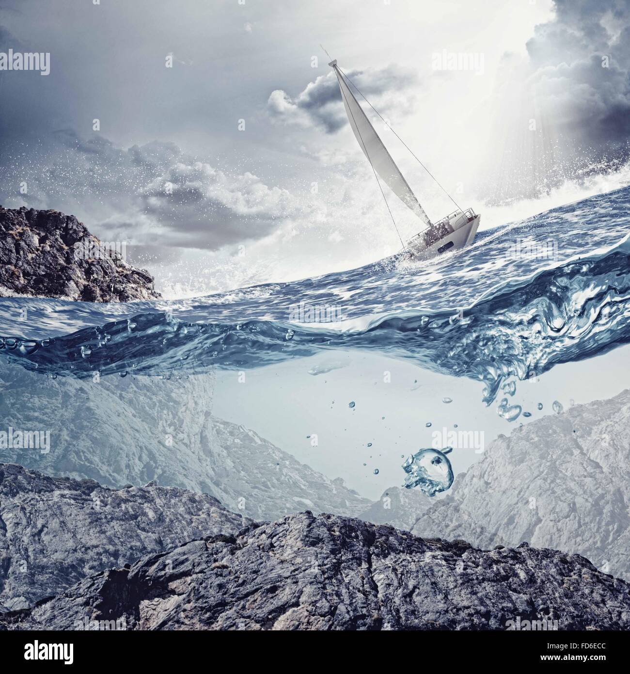 Submerged ocean view with yacht floating above Stock Photo - Alamy