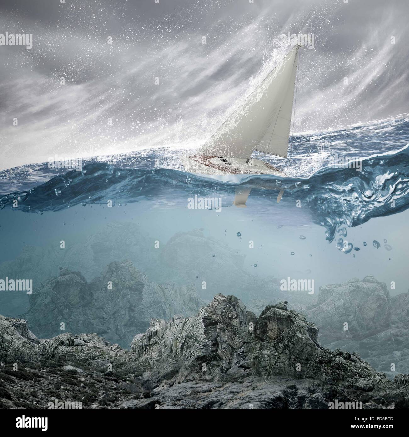 Submerged ocean view with yacht floating above Stock Photo - Alamy