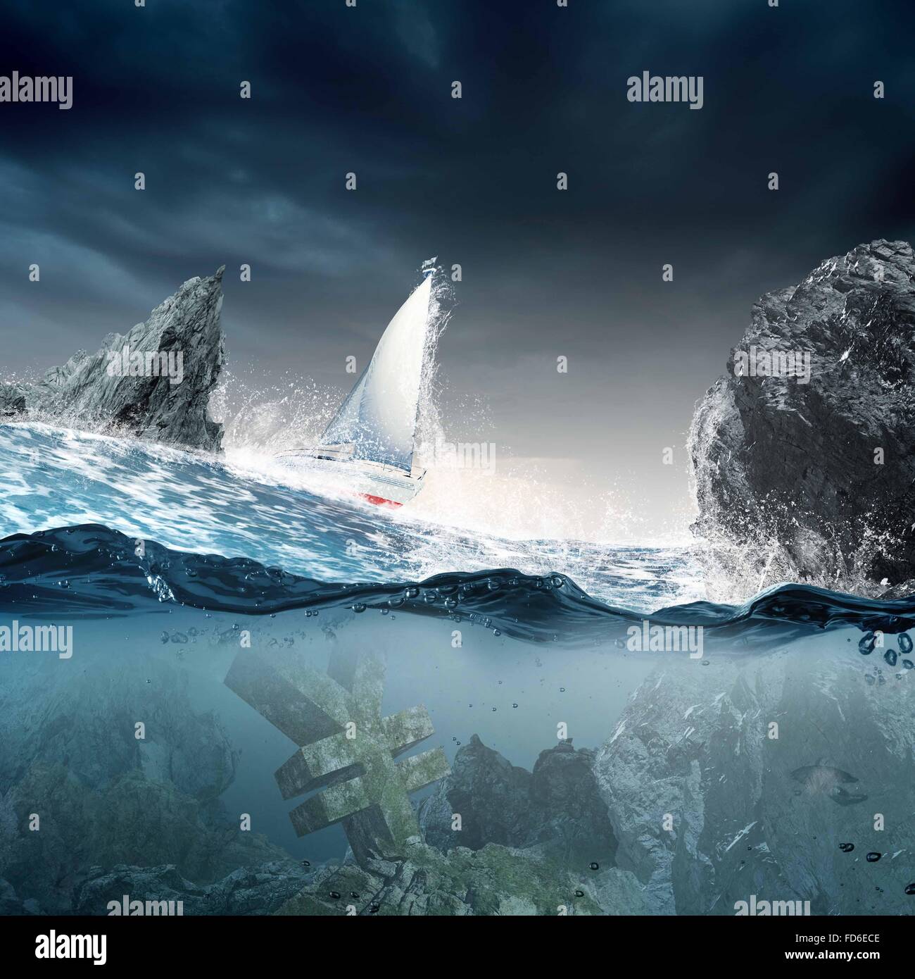 Sunken currency symbols with yacht floating above Stock Photo - Alamy