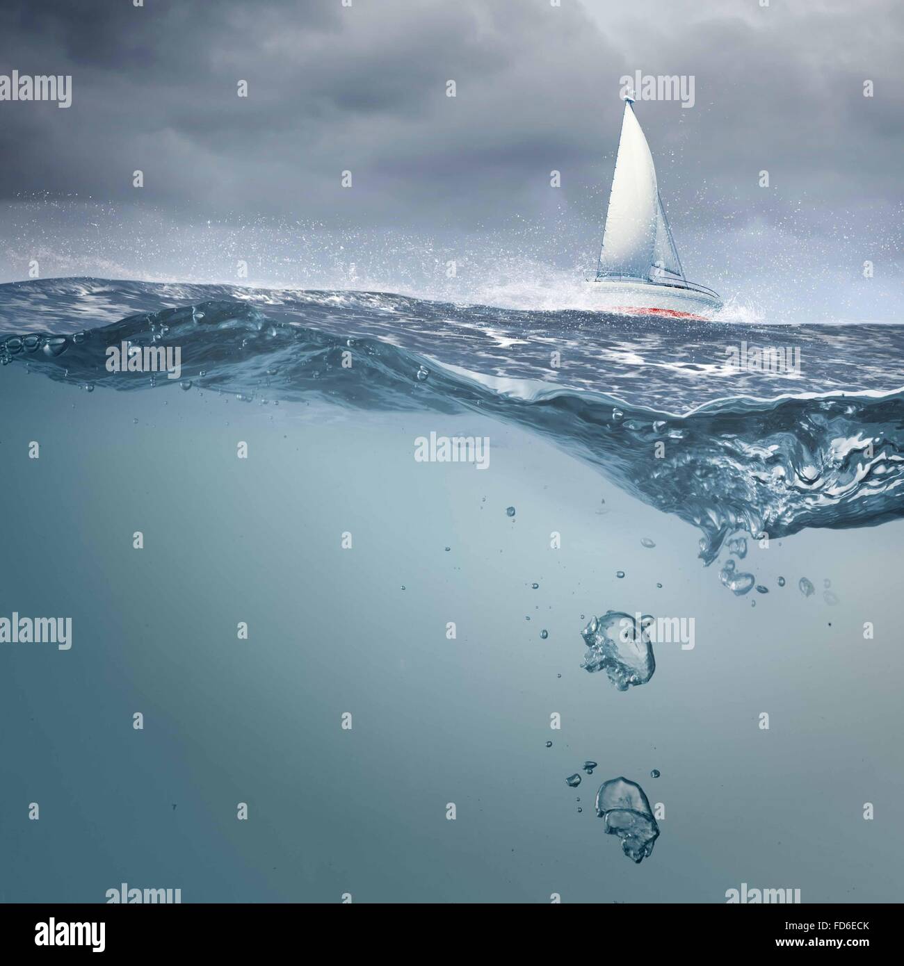 Submerged ocean view with yacht floating above Stock Photo - Alamy