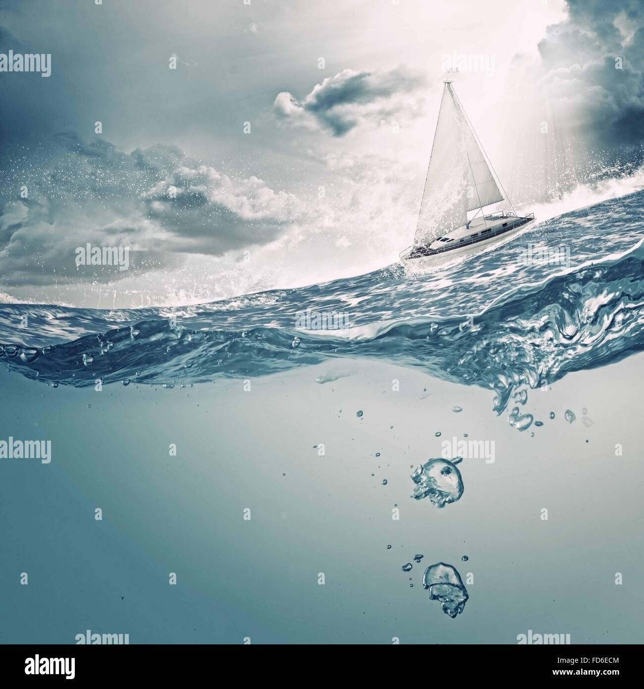 Submerged ocean view with yacht floating above Stock Photo - Alamy