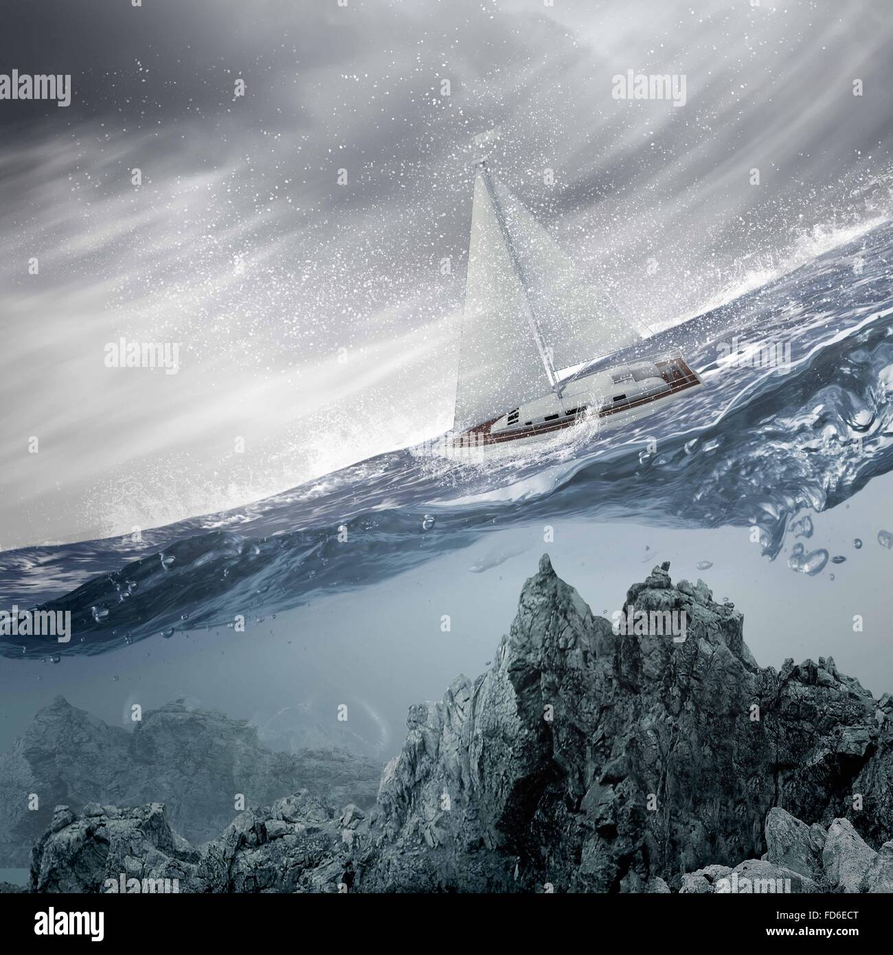 Submerged ocean view with yacht floating above Stock Photo - Alamy