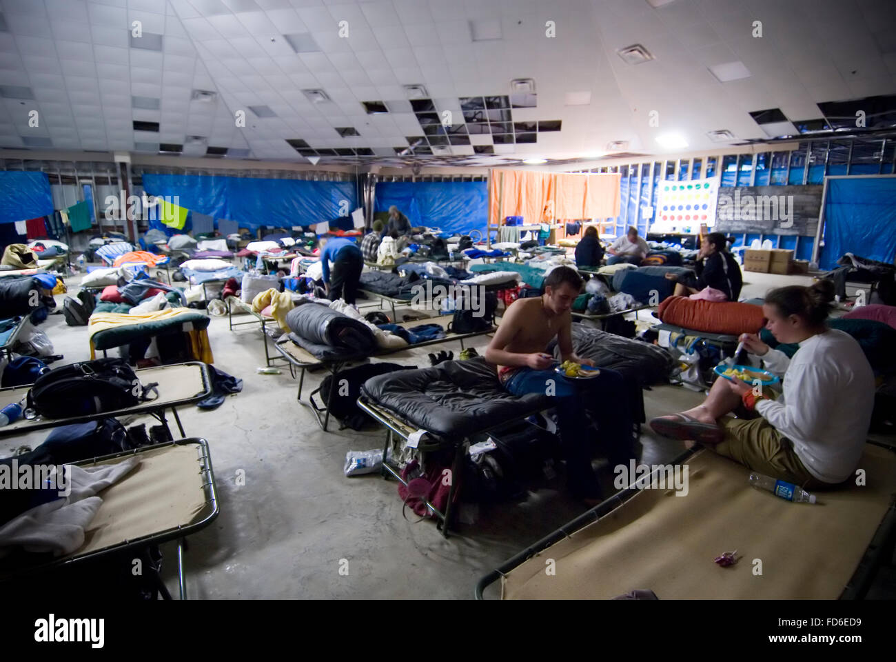 Hurricane Katrina volunteer relief workers temporarily shelter in a ...