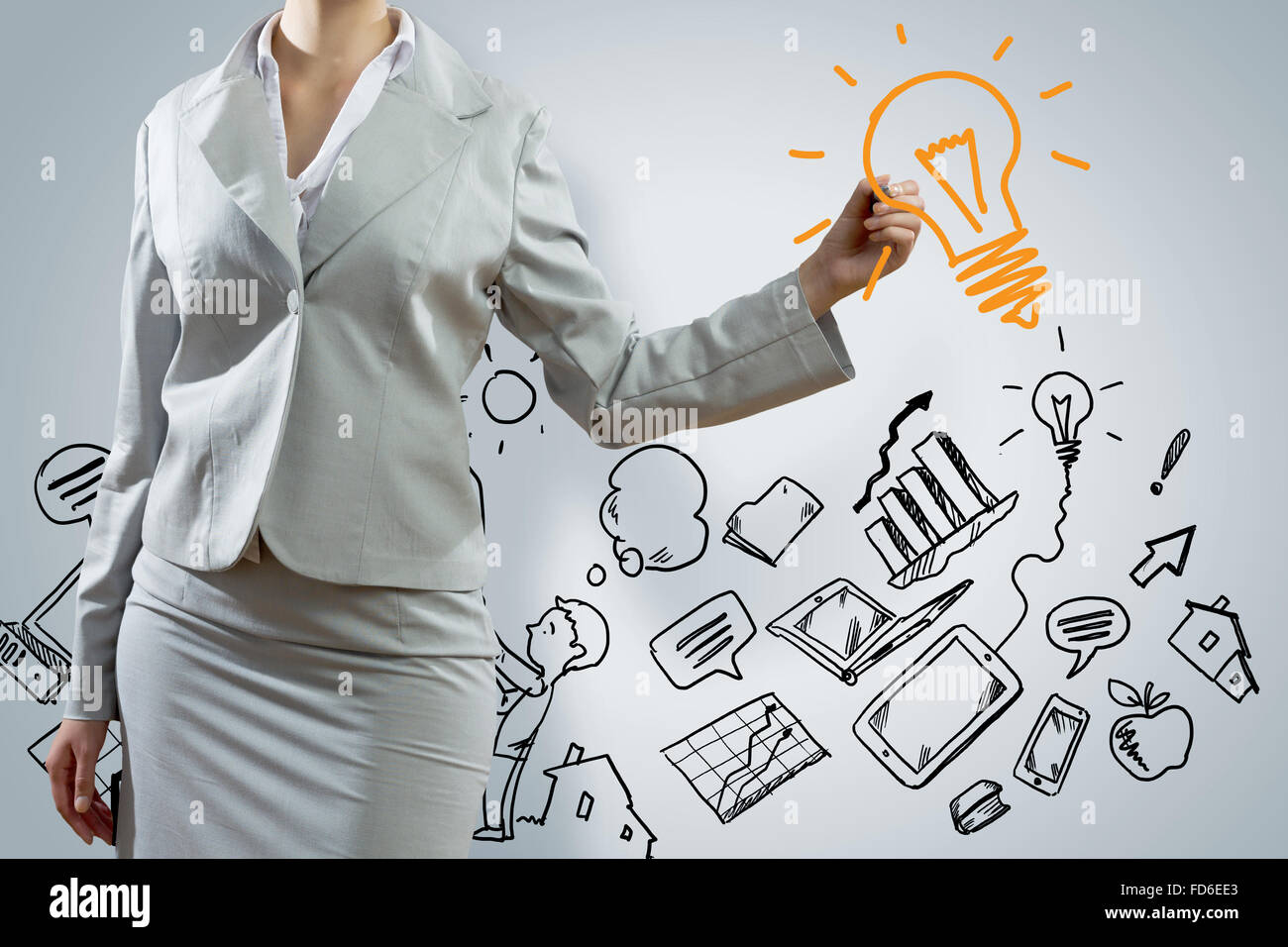 Businesswoman against sketch background. New idea and strategy Stock ...