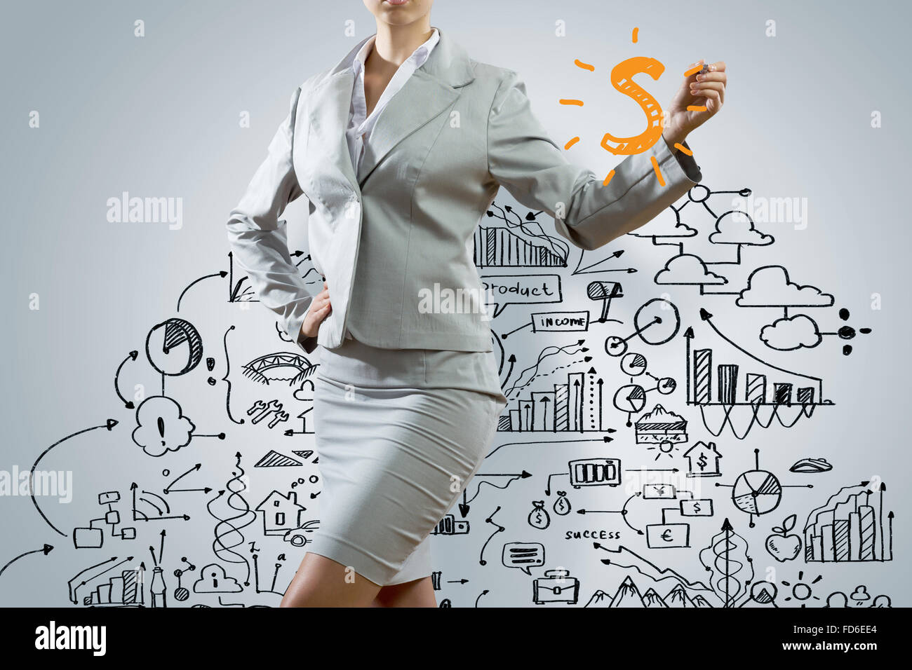 Businesswoman against sketch background. New idea and strategy Stock ...