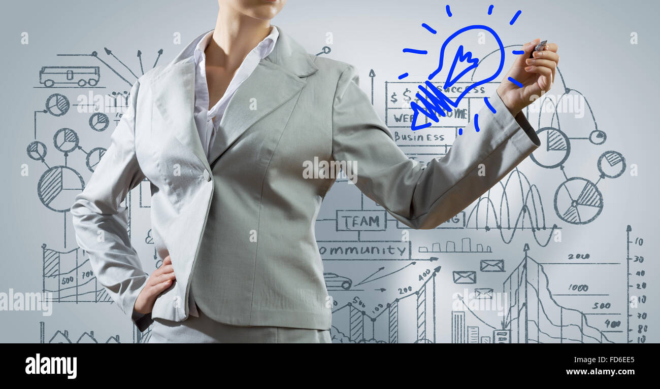Businesswoman against sketch background. New idea and strategy Stock ...