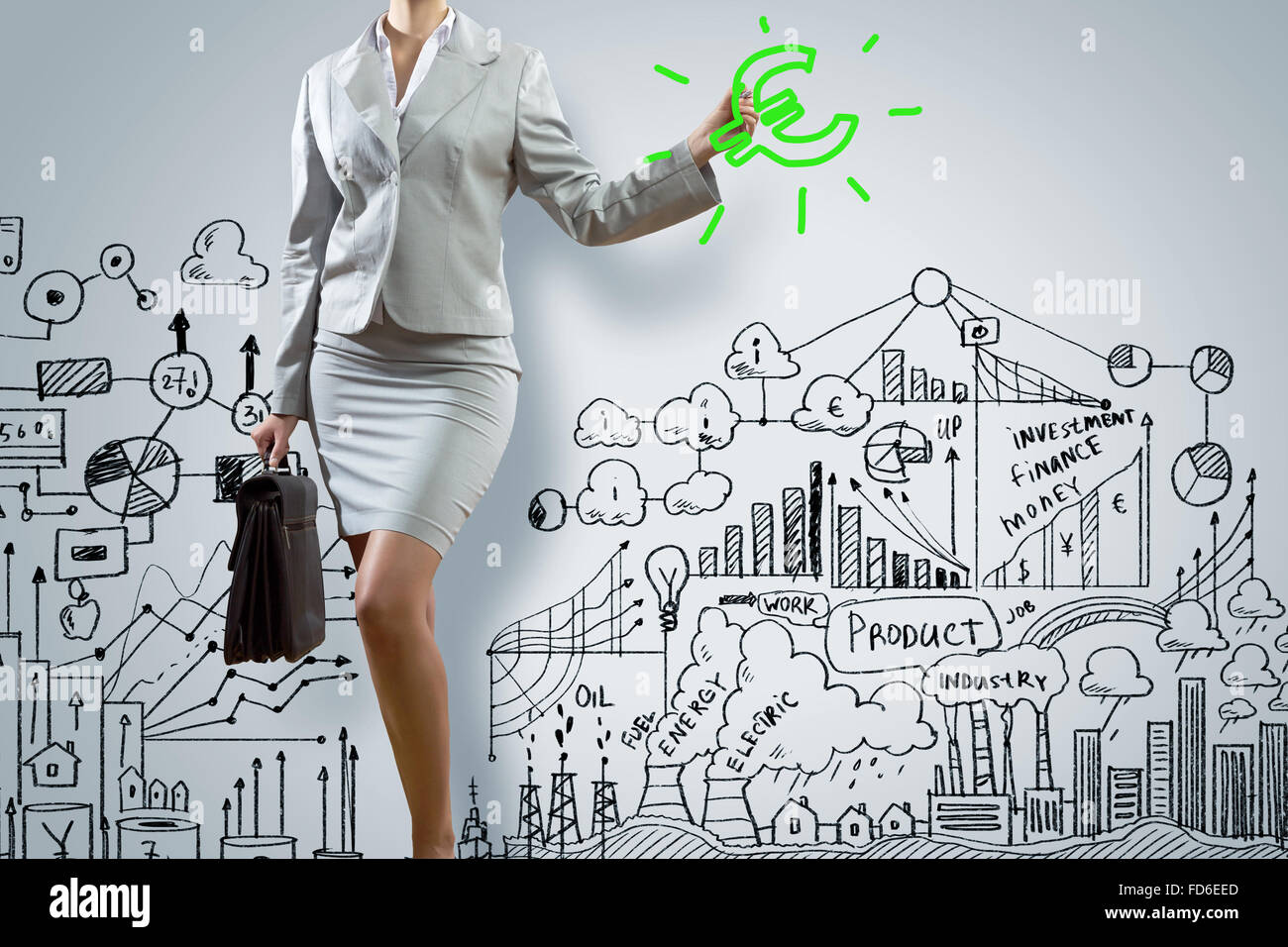 Businesswoman against sketch background. New idea and strategy Stock ...