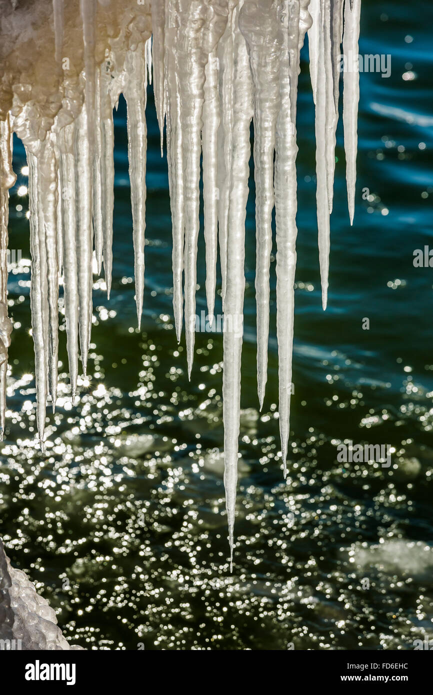 Icicles formed from spray of Lake Michigan waves crashing in, Rosy ...