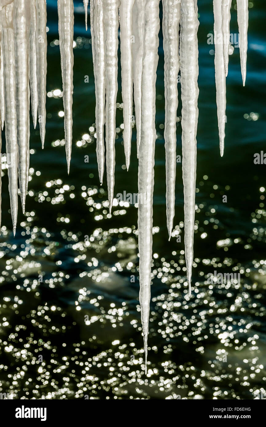 Icicles formed from spray of Lake Michigan waves crashing in, Rosy ...