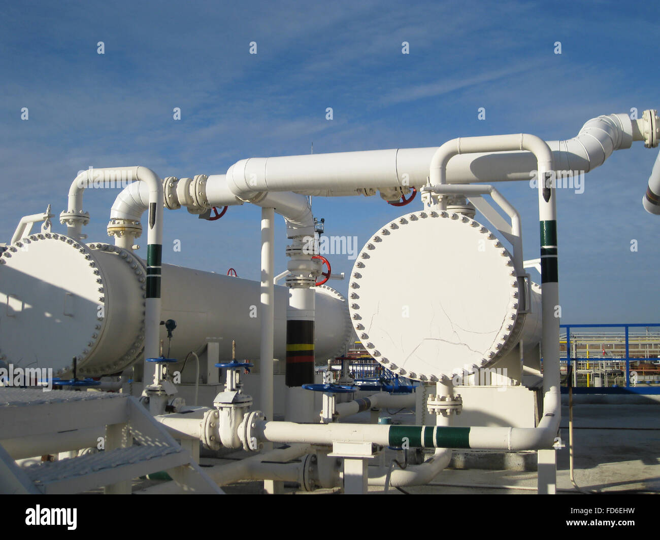 Heat exchangers in a refinery. The equipment for oil refining Stock ...