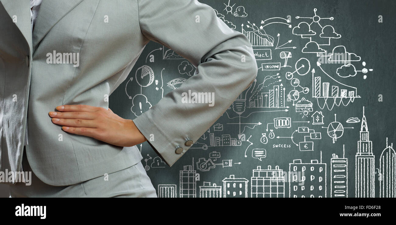 Businesswoman against sketch background. New idea and strategy Stock ...