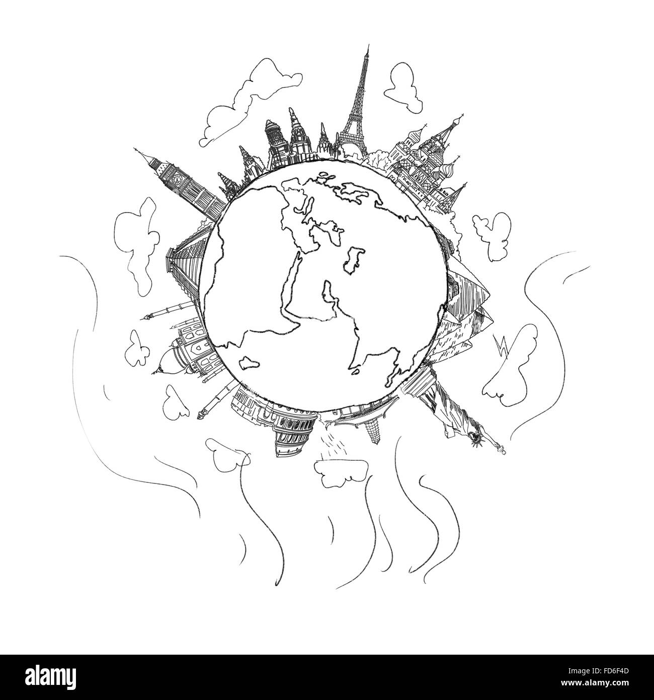 Background sketch image with drawings. Travel concept Stock Photo - Alamy