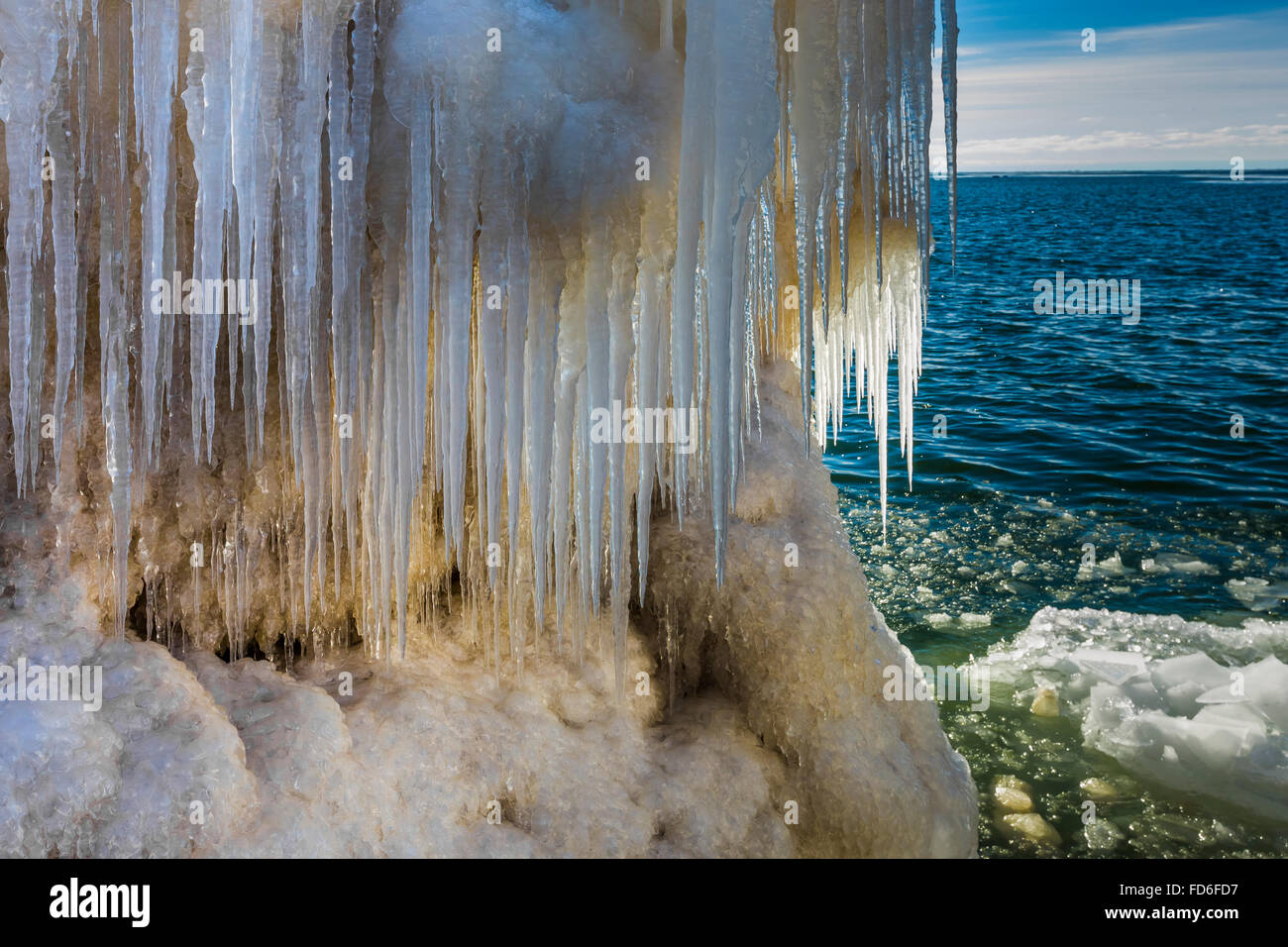 Icicles formed from spray of Lake Michigan waves crashing in, Rosy ...