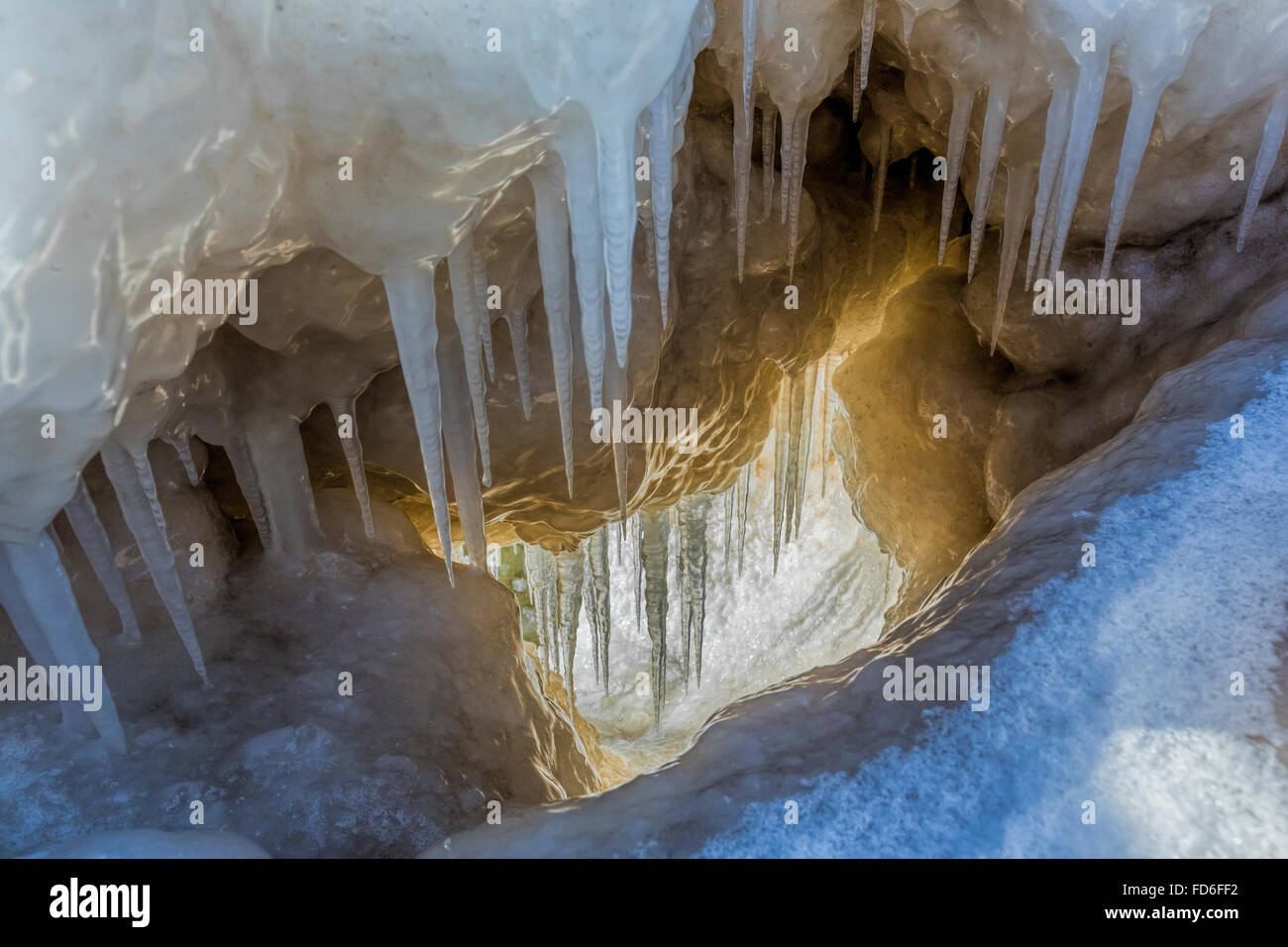 Icicles formed from spray of Lake Michigan waves crashing in, Rosy ...