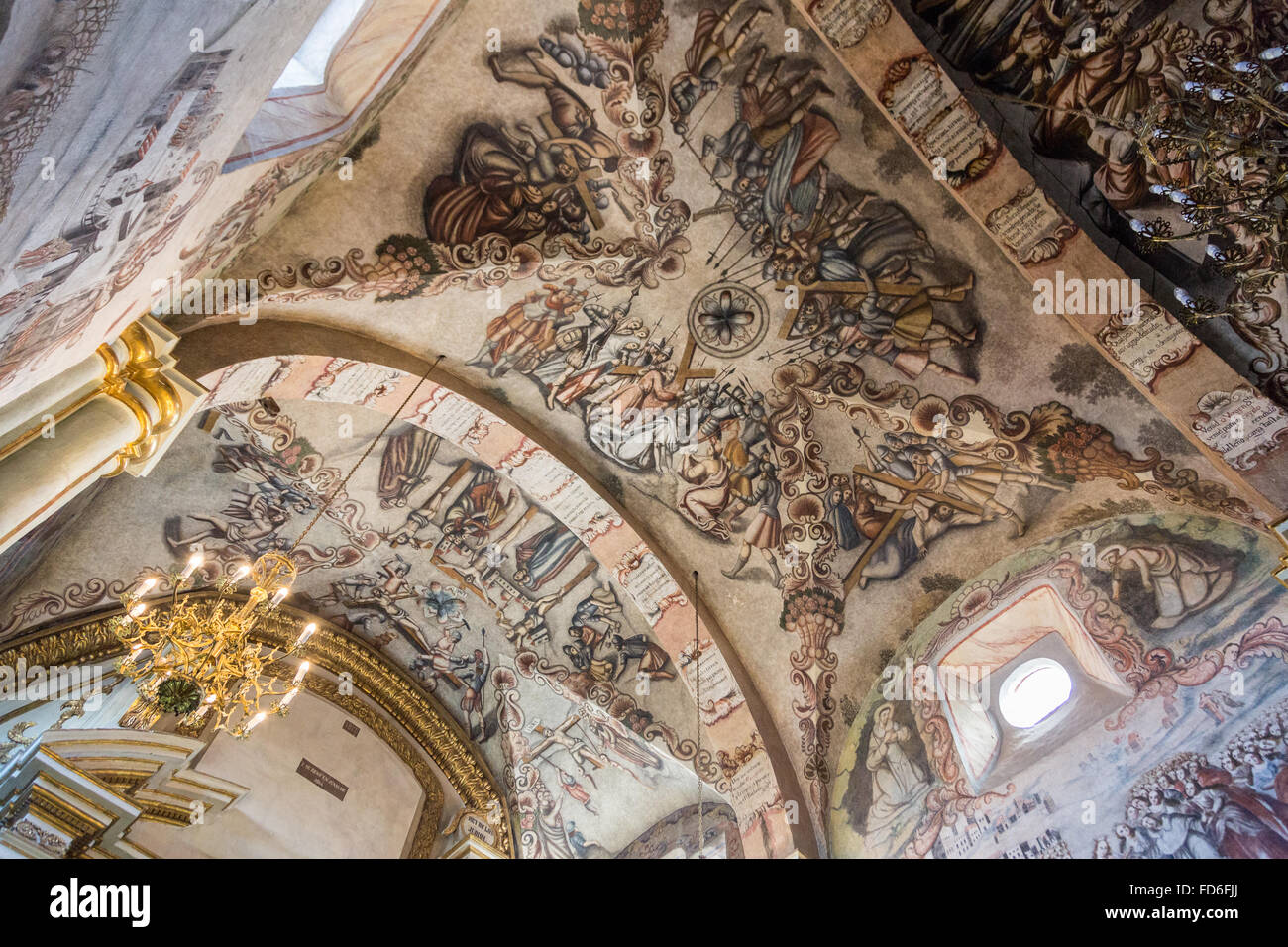 Mexican folk Baroque murals painted on the ceiling and walls at the ...