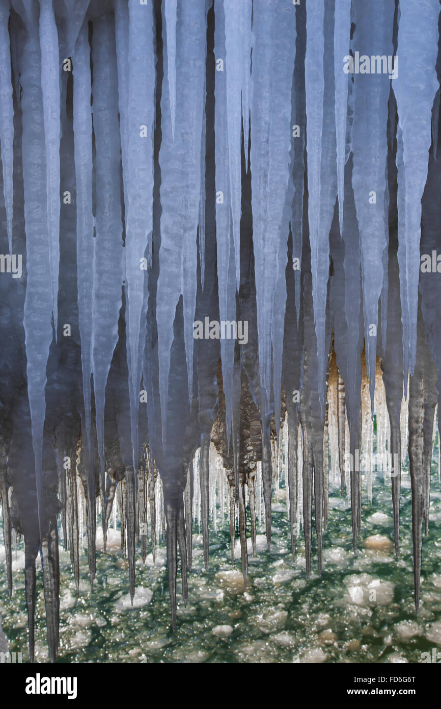 Icicles formed from spray of Lake Michigan waves crashing in, Rosy ...